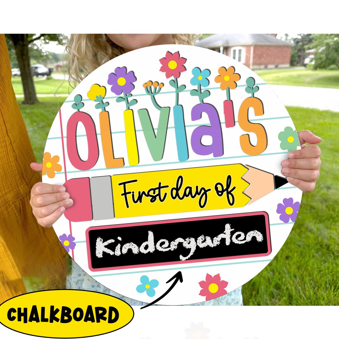 Personalized First Day of School Sign, Floral Name Reusable Chalkboard ...