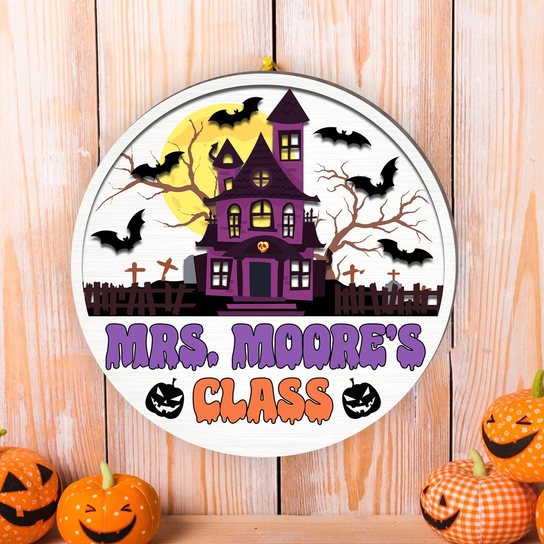 Halloween Teacher Name 3D Wood Art, Halloween Classroom 2 Layer Door ...