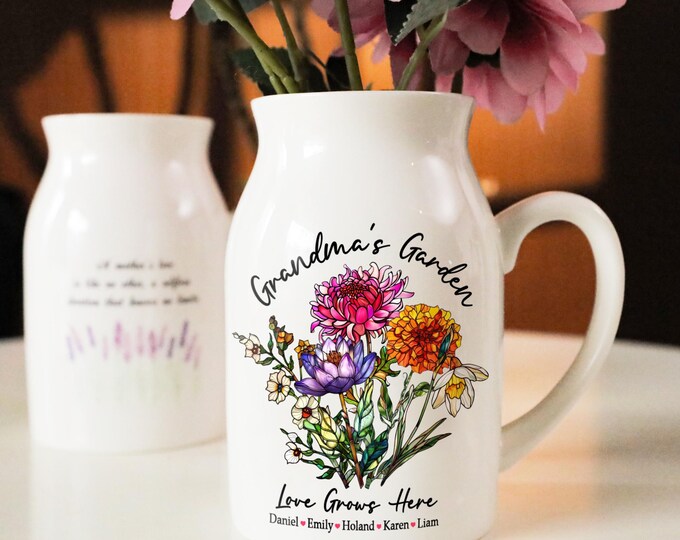 Custom Birth Month Flowers Grandma Vase, Personalized Grandma's Garden ...