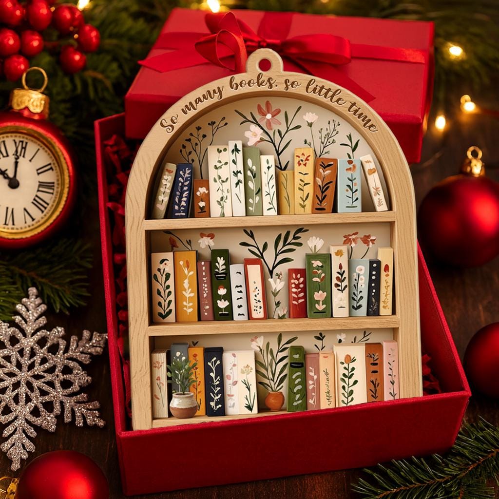 Christmas Bookshelf Wooden Ornament, 2D Flat Christmas Tree Book Gift ...