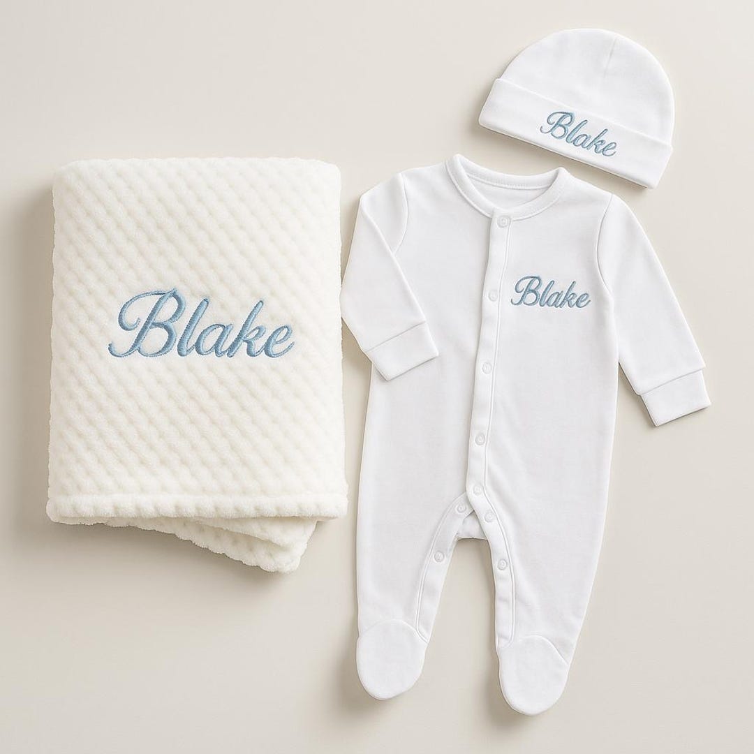 Personalized Baby Gift Set – Embroidered Blanket, Sleepsuit & Hat (0-3 ...