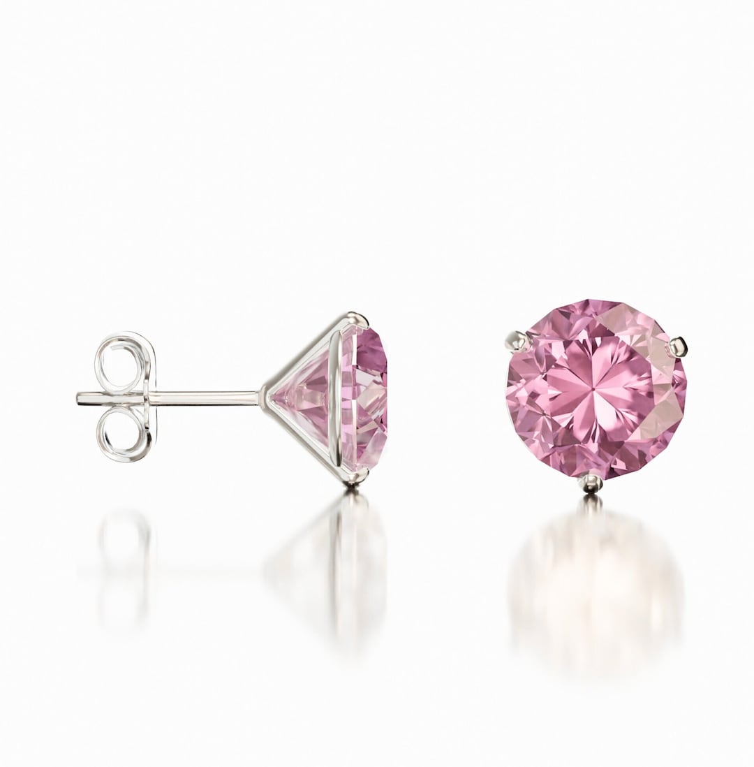 Brilliant Cut Simulated Pink Diamond Stud Earrings Three Prong Settings ...