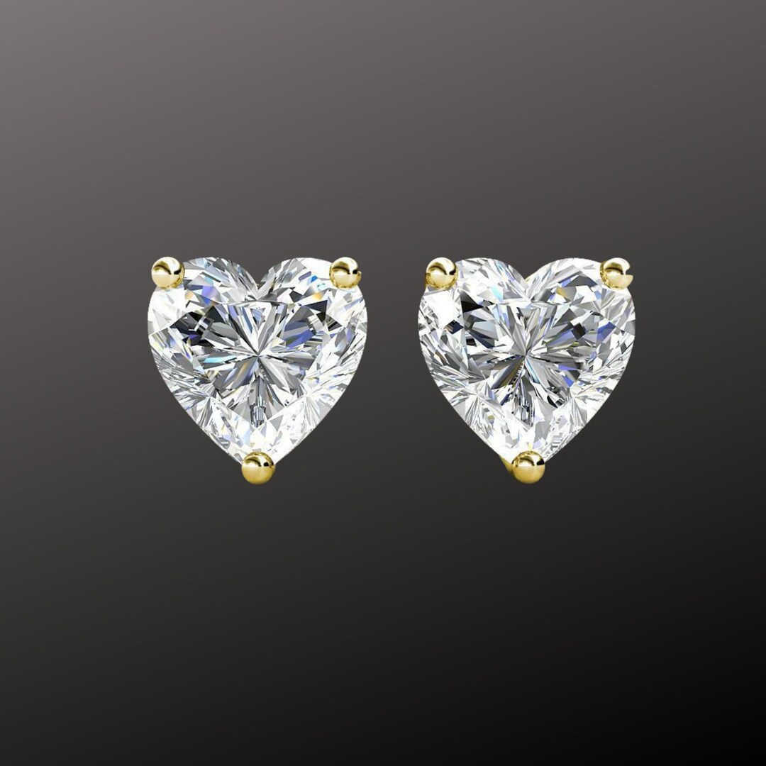 3 Ct Heart Shaped Created Diamond Stud Earrings Real 14kt - Etsy