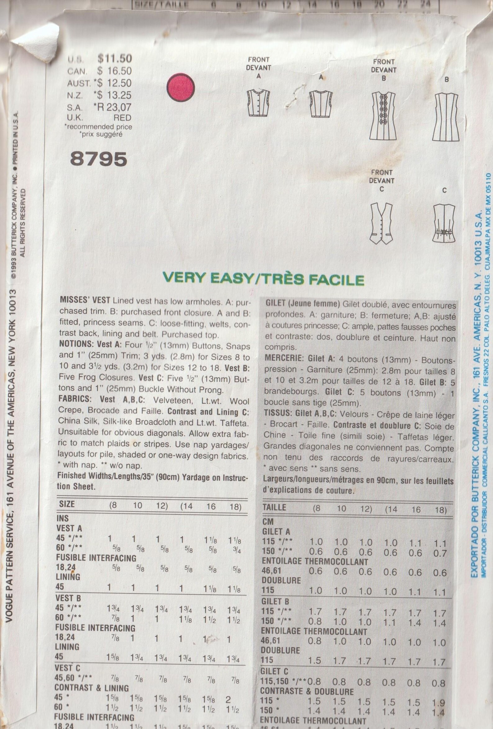 Vintage Very Easy Vogue Pattern #8795 UNCUT Sewing Dressmaking Pattern ...