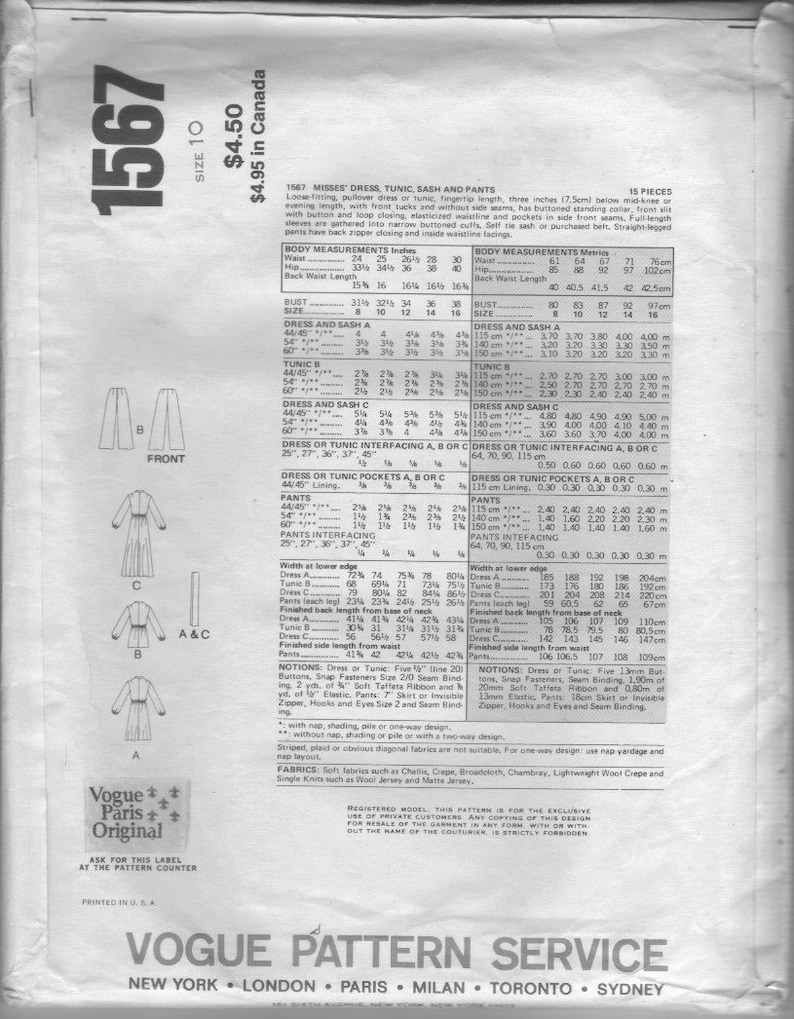 Vintage 1970's Vogue Paris Original Christian Dior Pattern #1567 Uncut ...
