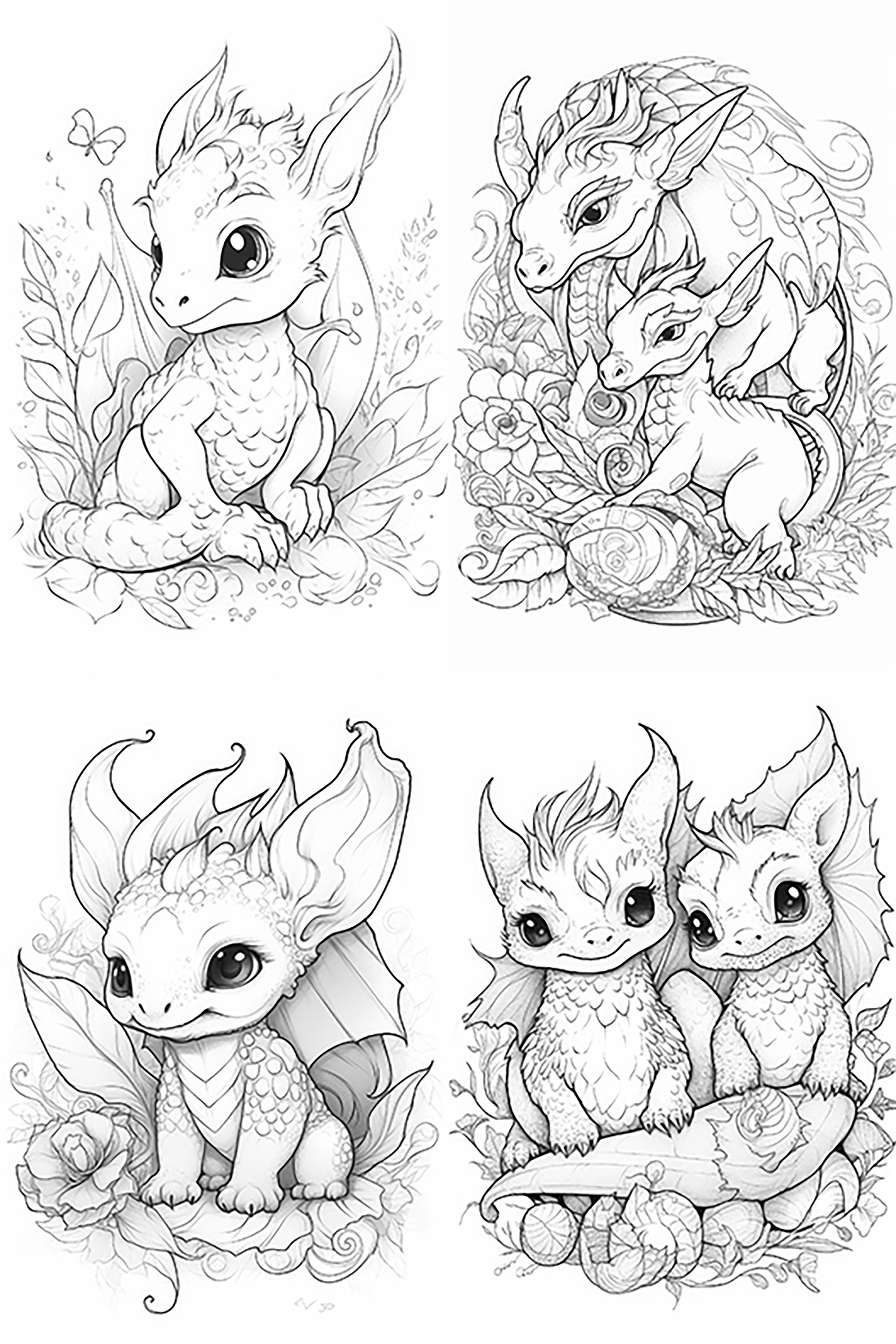 44 Pages Cute Baby Dragons Fantasy Coloring Page Book Adults and Kids ...
