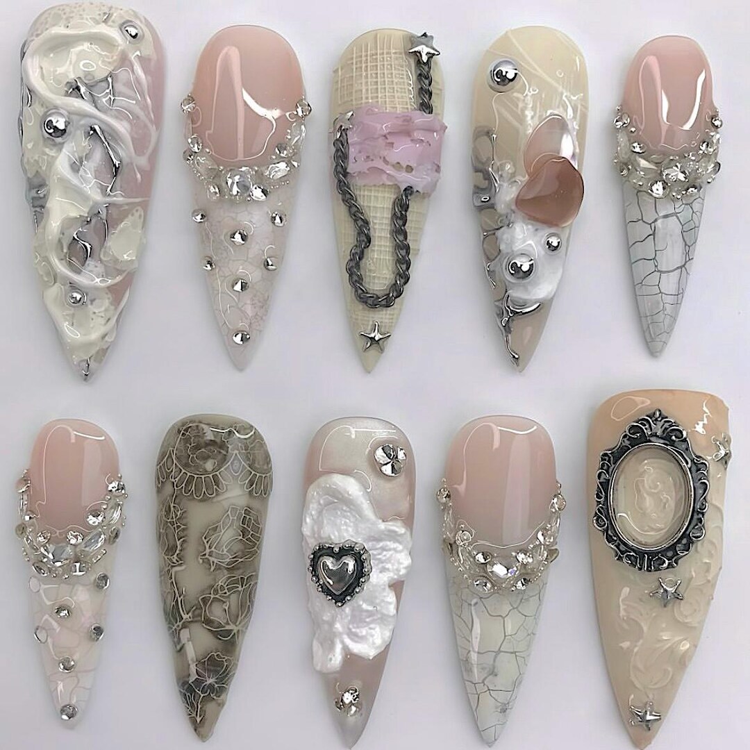 Vintage Gothic 3D Press on Nails, Baroque Pearl Nail Art F1592 - Etsy