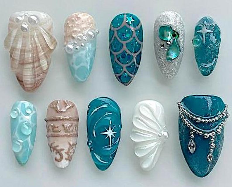 Ocean 3D Gel Press on Nails, Mermaid Shell Nails F1015 - Etsy