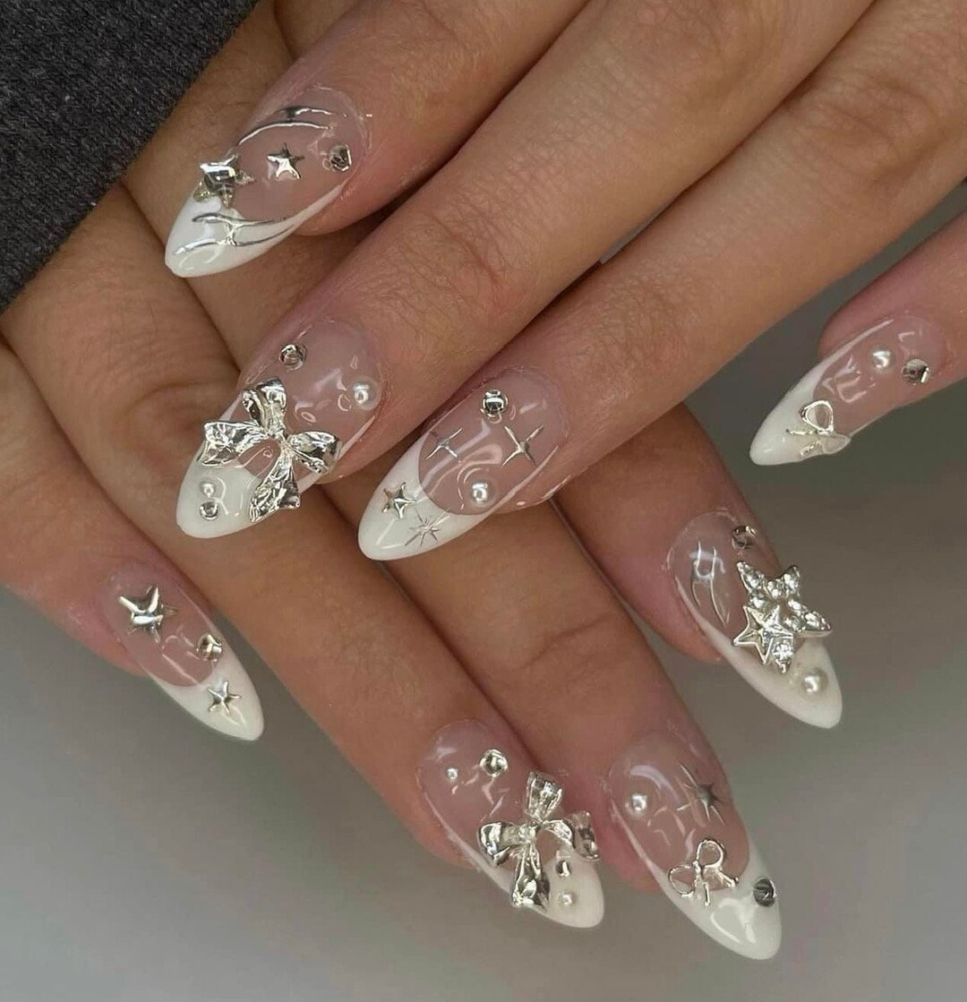 White Ribbon Nails, White French Nails, Sliver Bow Charm Nails, Star ...