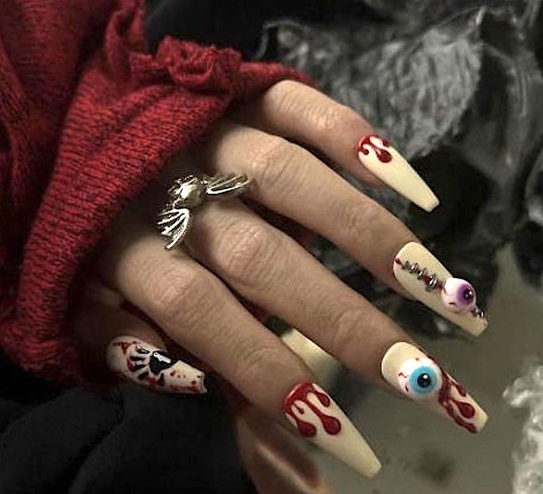 Blood Eyes Nails, Halloween Nails, Long Nails, Stiletto Nails, Gory ...
