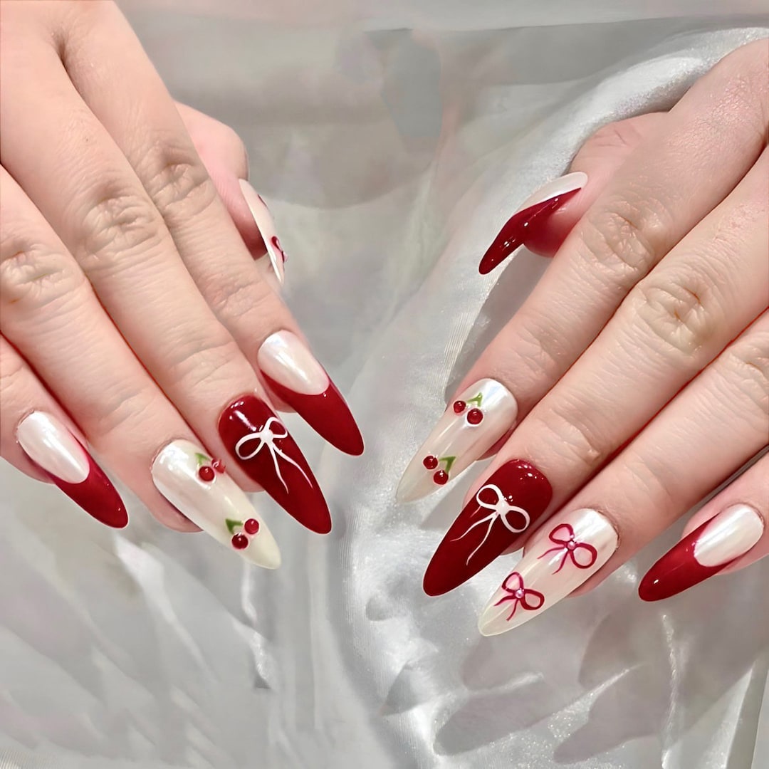 Bow and Cherry Acrylic Nails | Red Press on Nails Gel | Custom Nails ...