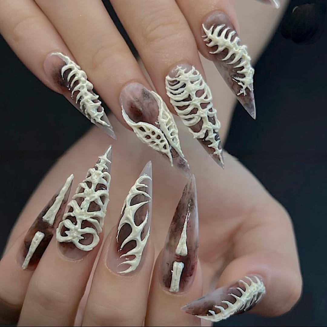 3D Bone Structure Press on Nails, Gothic Skeleton Stiletto False Nails ...