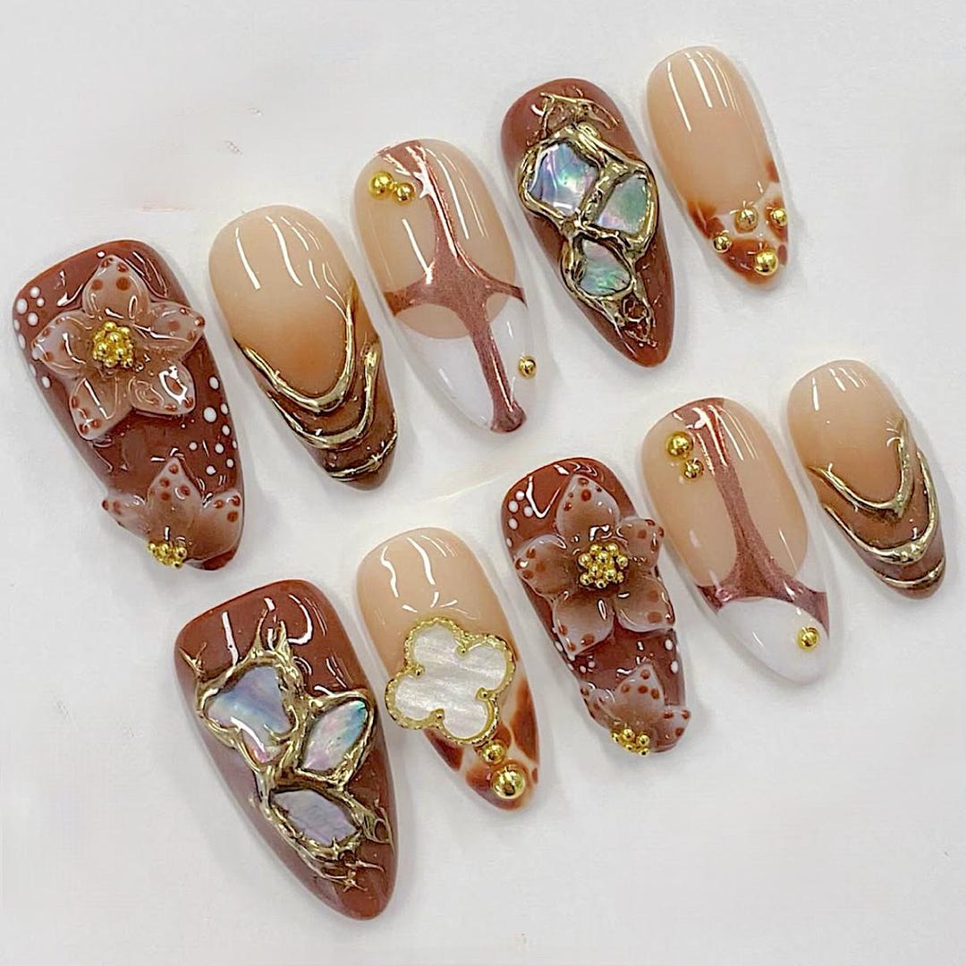 Brown Floral Shell Press on Nails: Gold Outline, Elegant 3D Flower ...
