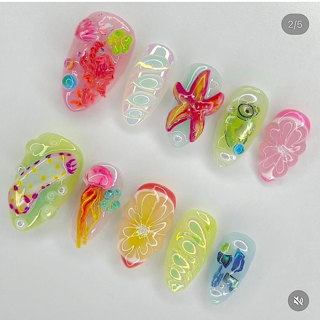 Ocean Creatures and Coral Nails, Press on Nails, Tropical Beach Nails ...
