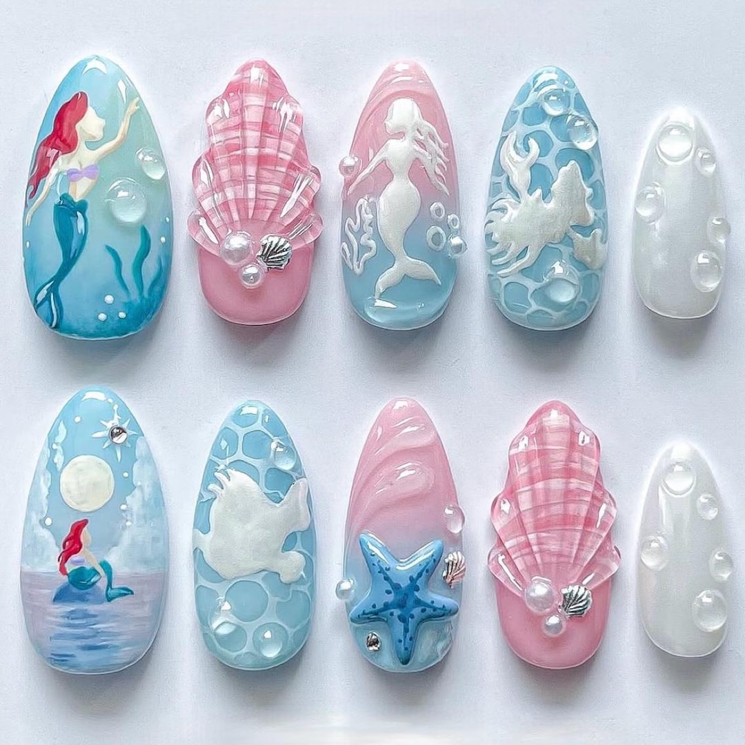 Mermaid Fantasy and Shell Nails, Press on Nails, Ocean Theme Nails ...