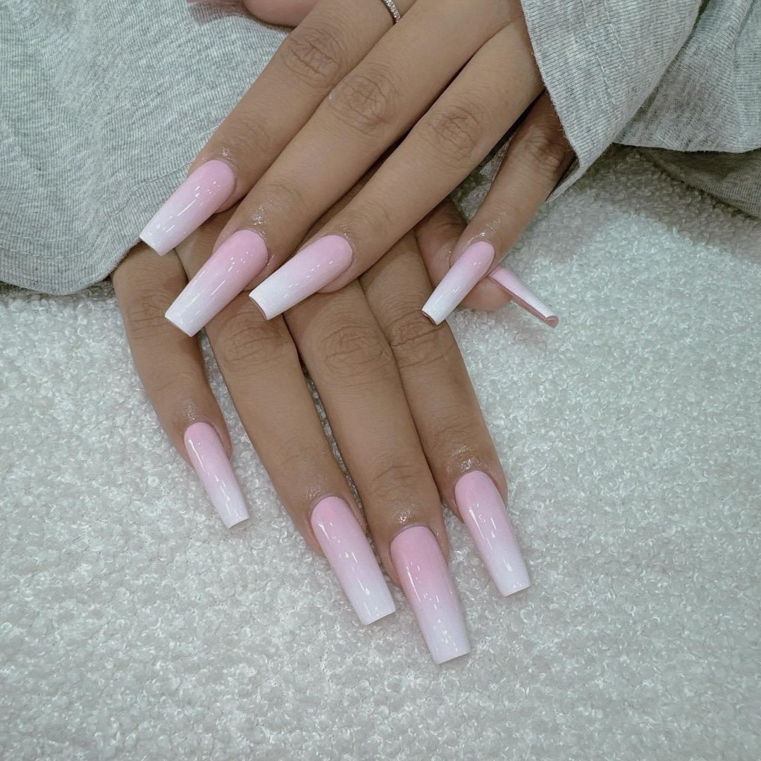 Sweet Pink Ombre Press on Nails With Silver Cherry Blossom Design ...