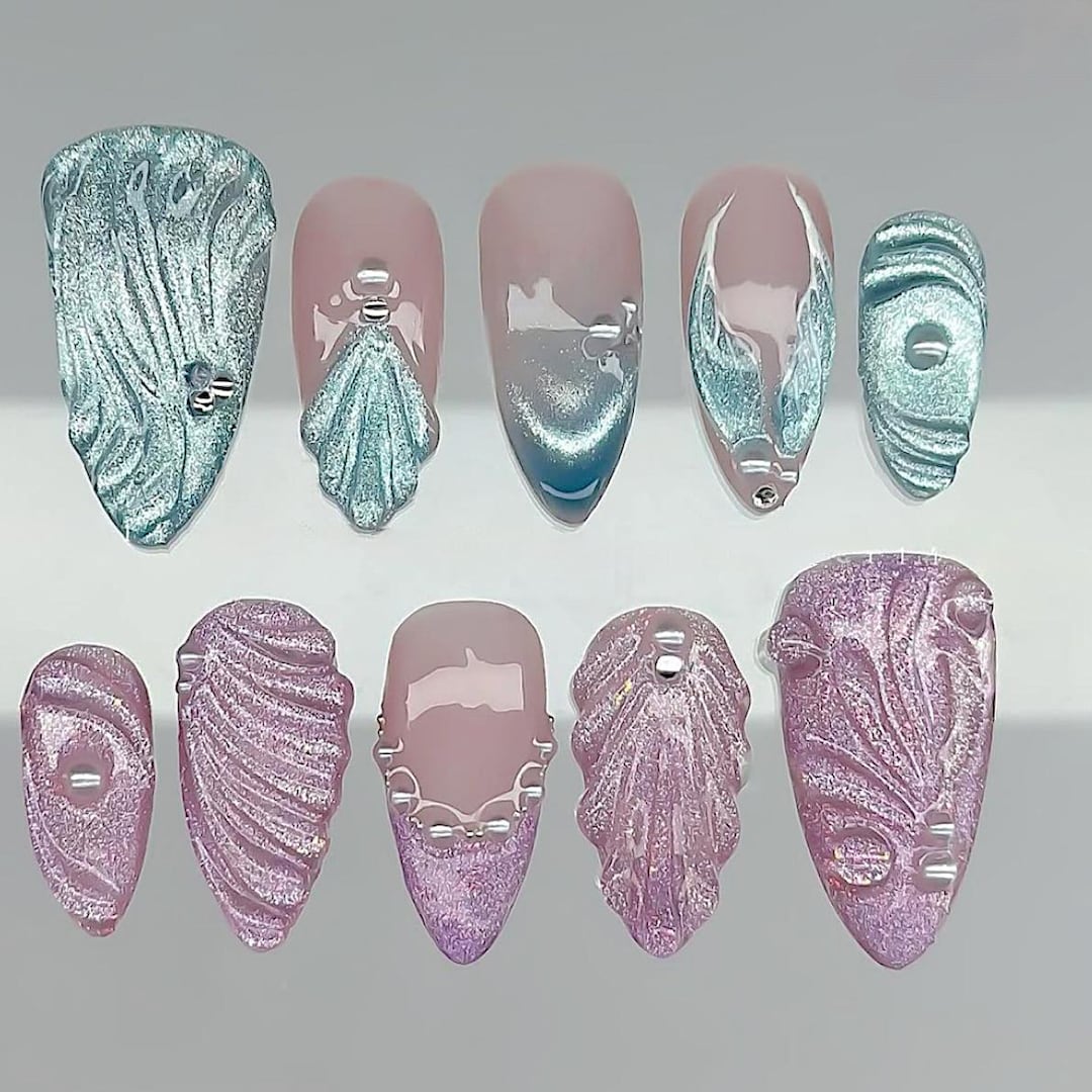 Mermaid Shell Press on Nails, Glitter Ocean 3D Gel Nail Art F1451 - Etsy