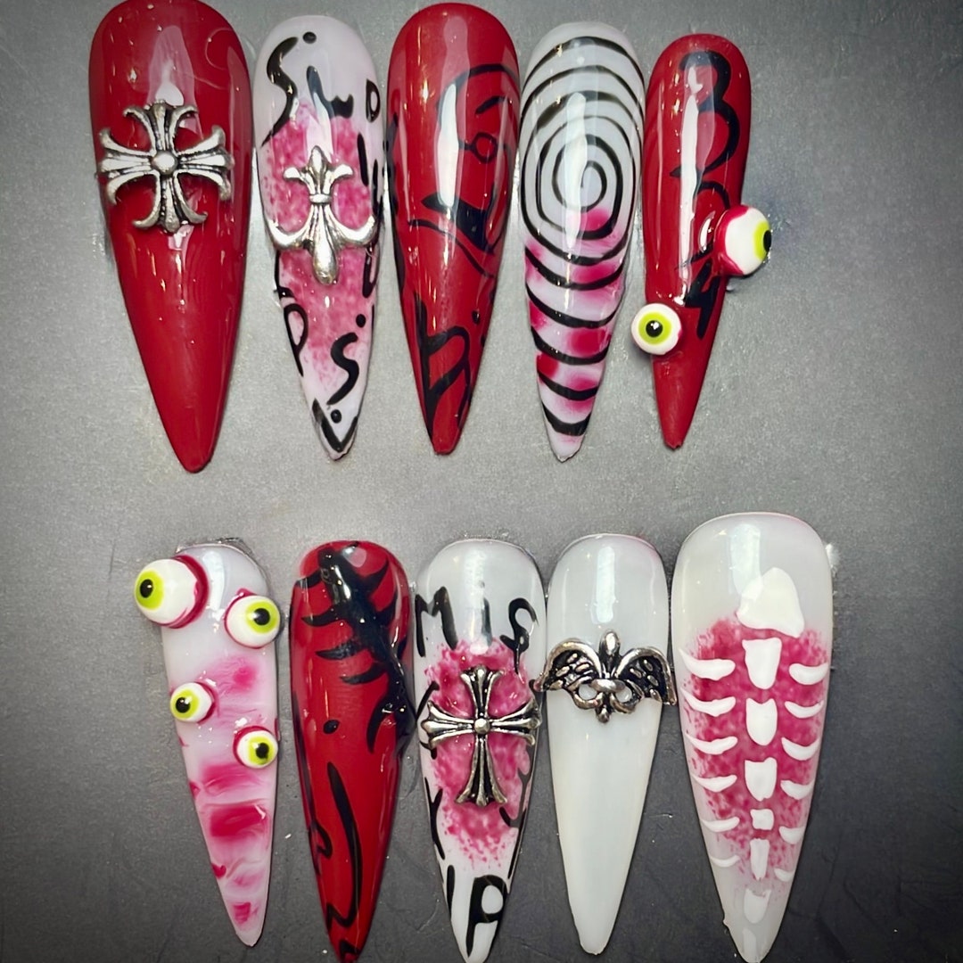 Red Eyes Nails Free Style Press on Nails, Handmade Fake Nails Nails ...