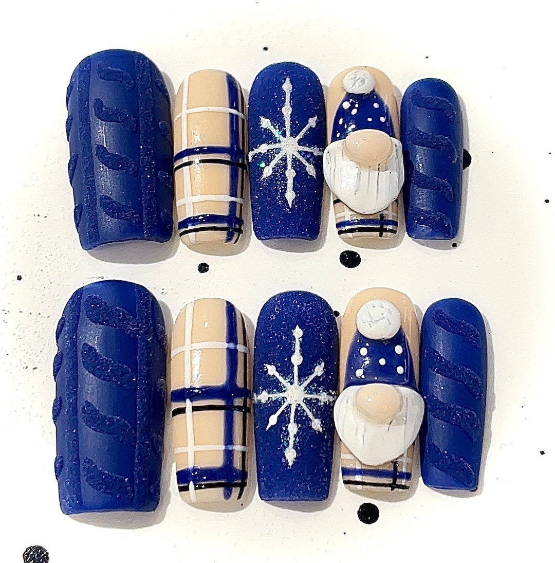 Blue Christmas Acrylic Nails Pink Press on Nails Gel Custom Nails Fake ...