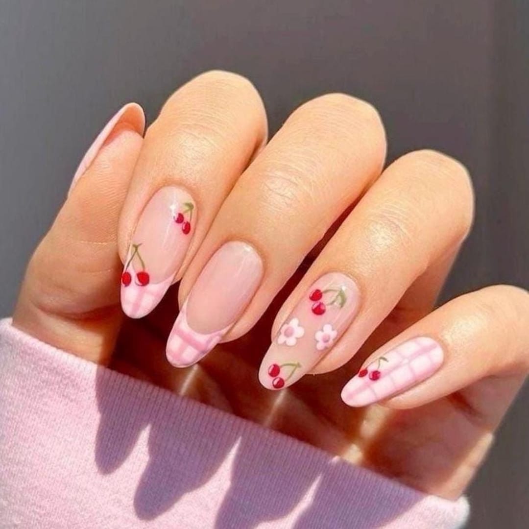 Pink Gingham Cherry Valentines Nails Cute French Almond Press on Gel ...