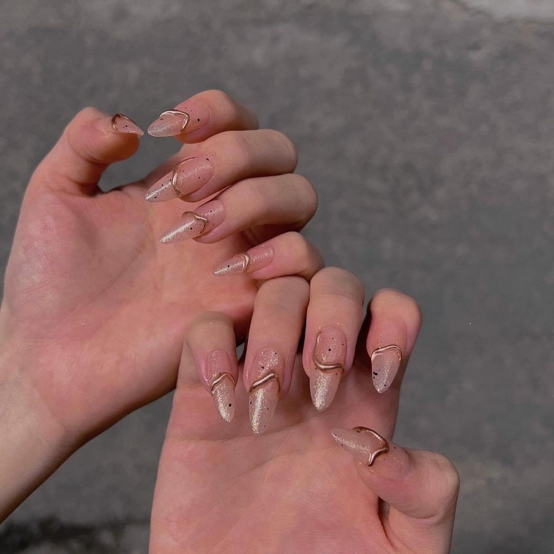 Cat Eye Acrylic Press on Nails With Gold Chrome 3D Design - Elegant ...