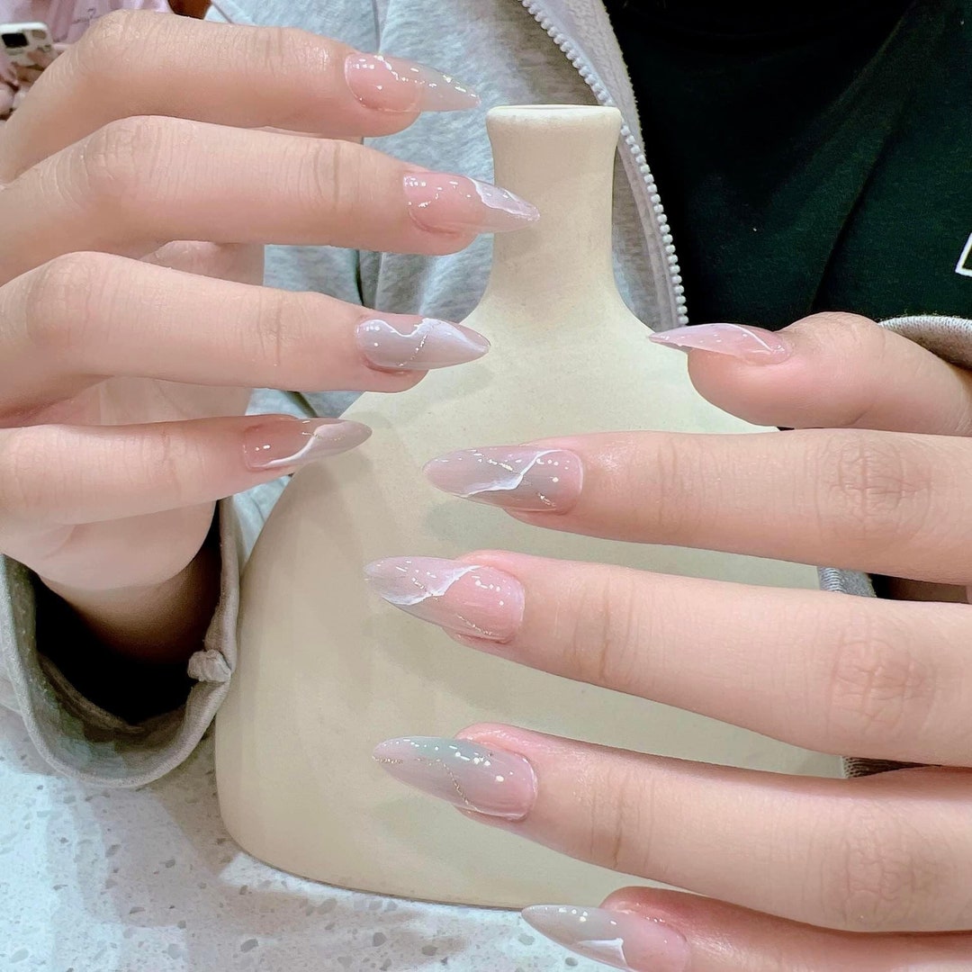 Sweet Pink Sea Waves Press on Nails With Silver Cherry Blossom Design ...