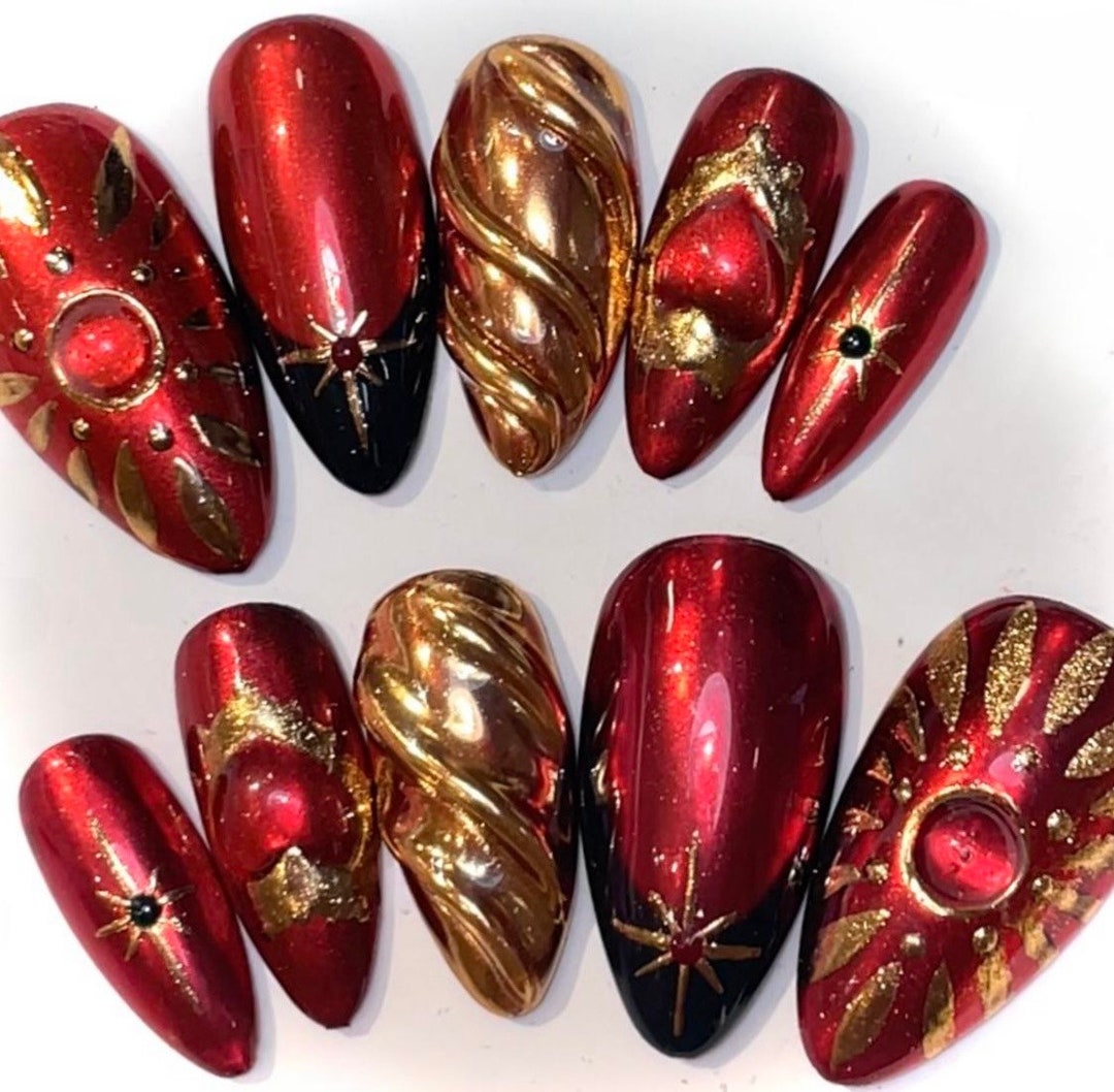 Red Cleopatra Nails Acrylic Nails | Red Press on Nails Gel | Custom ...