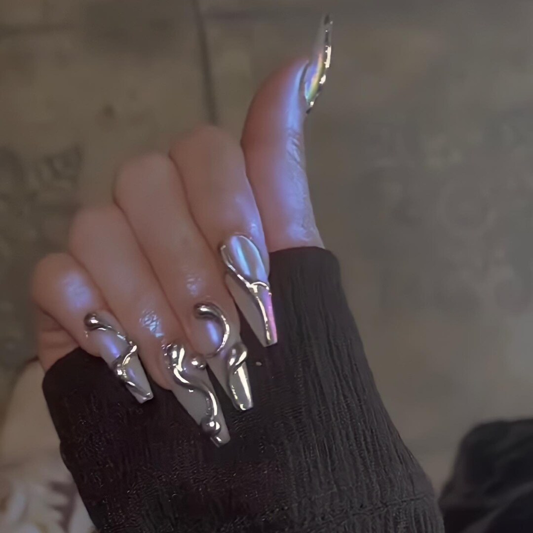 Metallic and Mirror Nails Acrylic Nails |blue Press on Nails Gel ...