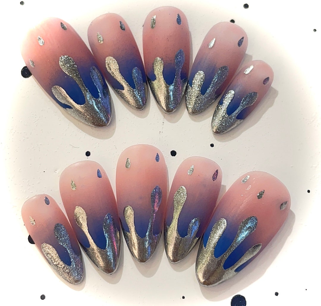 Sliver Mirror French Acrylic Nails Almond Press on Nails Custom Nails Fake Nails Jelly Gell Best ...