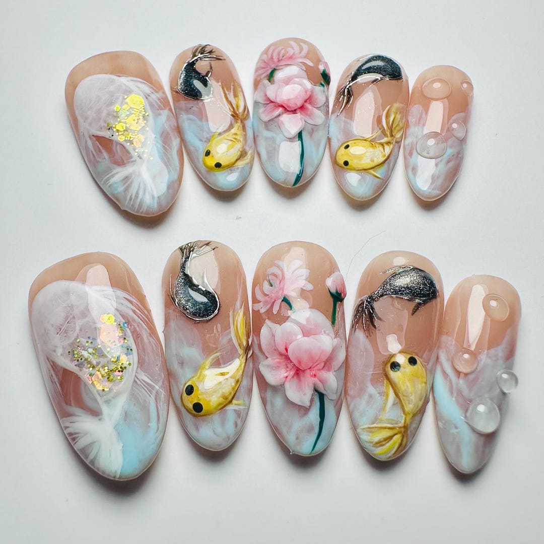 Handmade Fish Pond Lotus Press on Nails, Almond Acrylic Nails F679 - Etsy