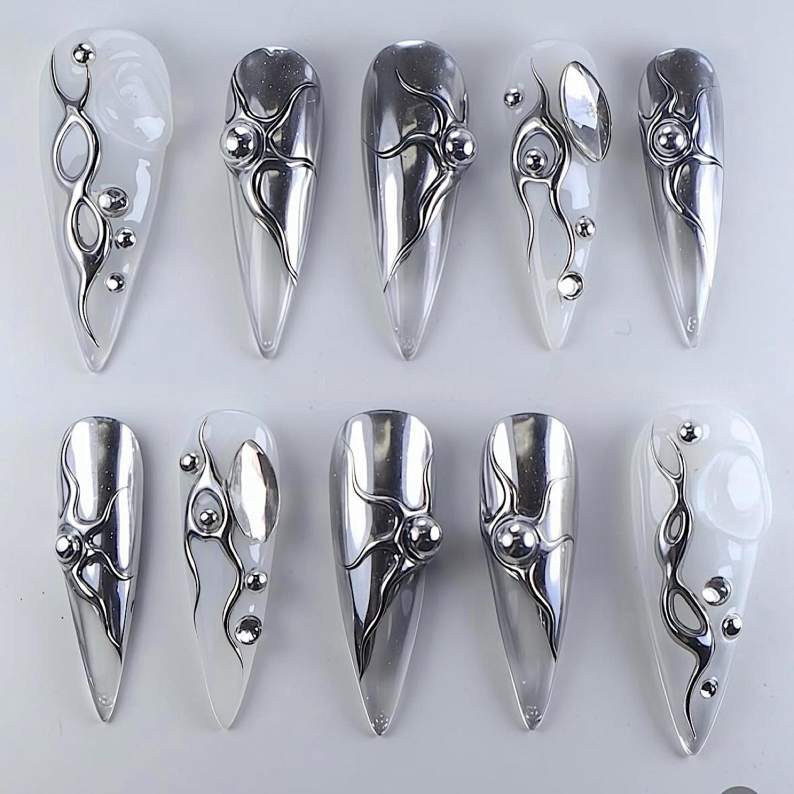 Chrome Abstract Press on Nails, Mirror Effect, 3D Gel, Luxury Fake ...