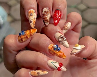 Picnic Theme Press on Nails, Spring Bee Nail Art, 3D Waffle Egg ...