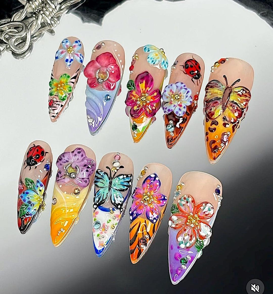Insect Nails, Press on Nails, 3D Gel Nails, Unique Design Nails, French ...