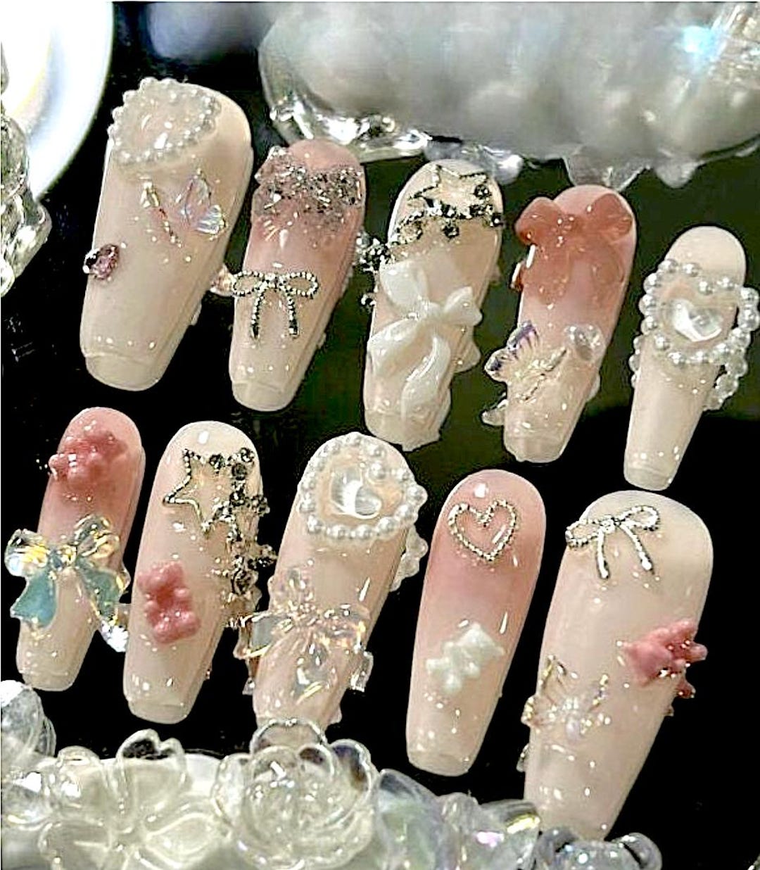 Cute Charm Korea Nails, Ballerina Nails, Korea Style Nails, Candy Charm Nails, Ribbon Charm ...