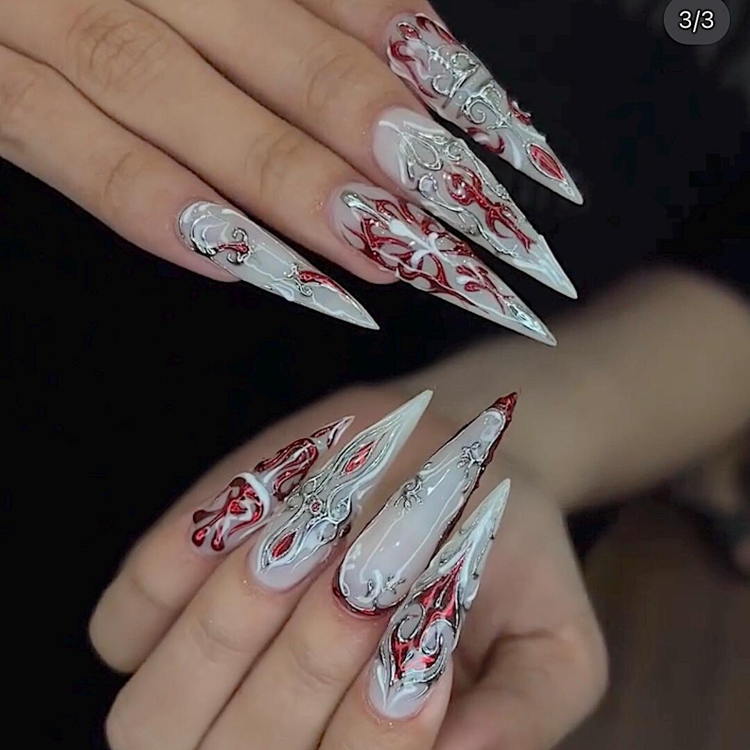 Bloody Gothic Stiletto Press on Nails, Red Black Halloween Fake Nails ...