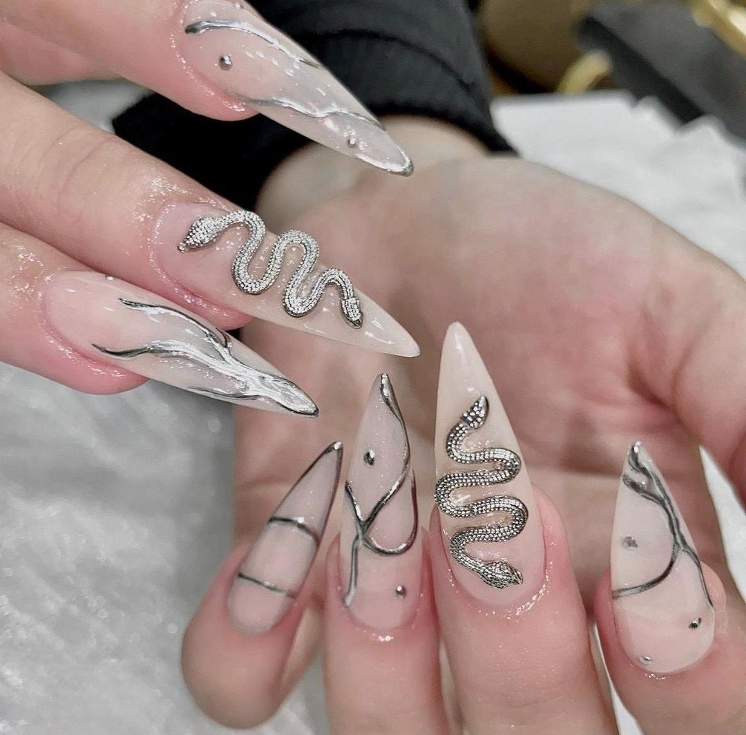 Snake Charm and Silver Design Nails Free Style Press on Nails, Handmade ...