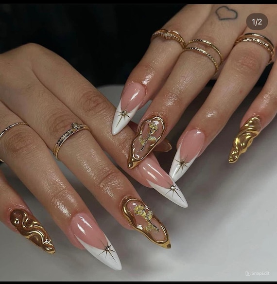 Golden Shining Rose Press on Nails With Silver Cherry Blossom Design Japanese Nail Designs Unique Acrylic Press on Nails Fake Nails F178 Etsy Ireland