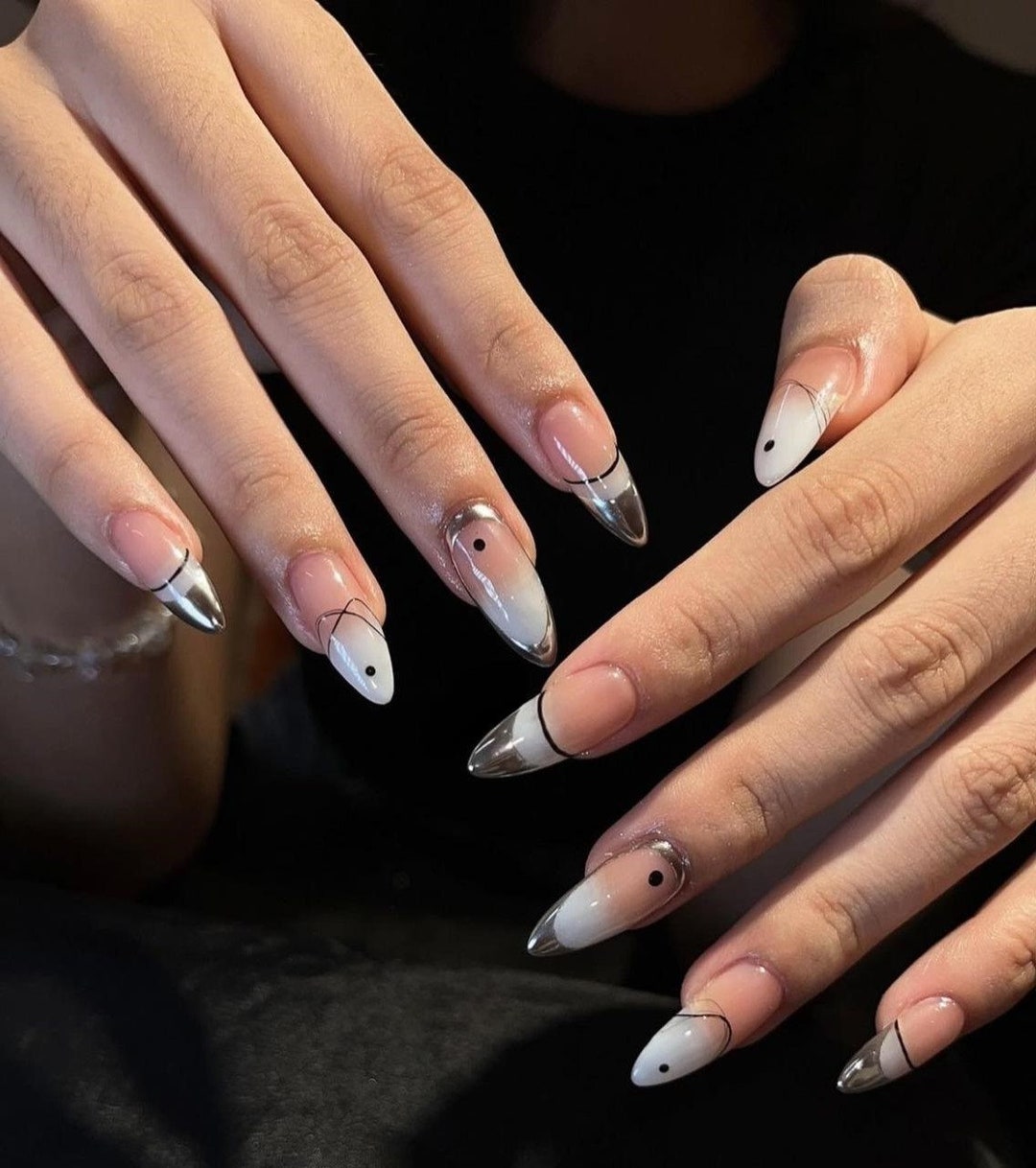 Silver French and Black Lines Nails Free Style Summer Fruit Almond ...