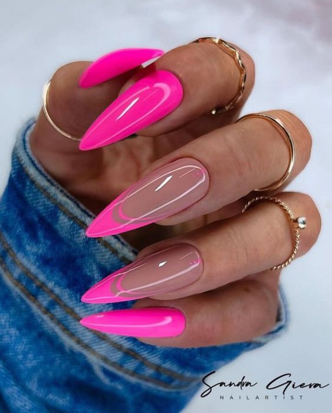 Lumious Pink and White Lines Acrylic Nails Press on Nails - Etsy