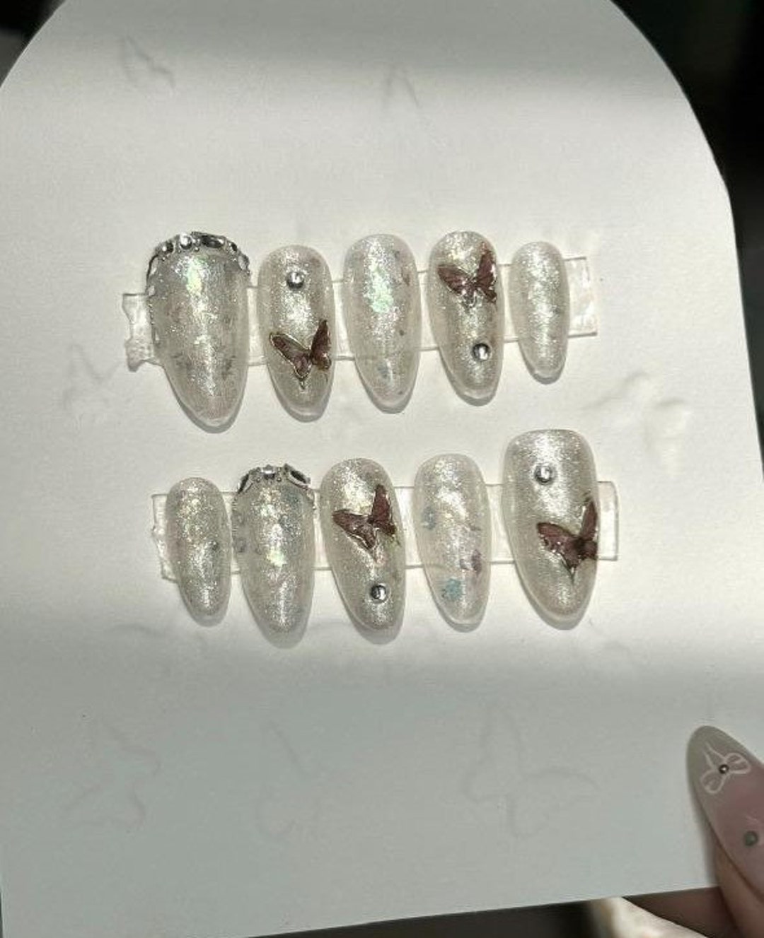 Butterfly Flash Nails, White Flash Nails, Almond Nails, Short Nails ...