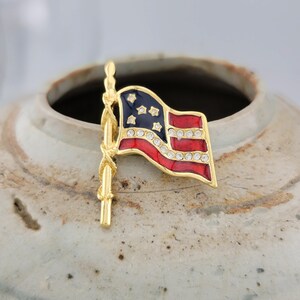 Vintage Carolee Flag Pin, Gold Tone With Red and Blue Enamel and Clear ...