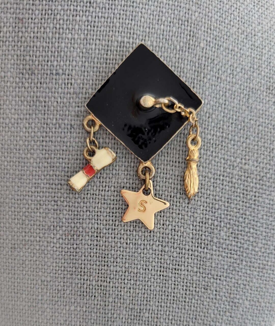 Vintage Graduation Cap Stick/lapel Pin With Three Charms, Rolled ...