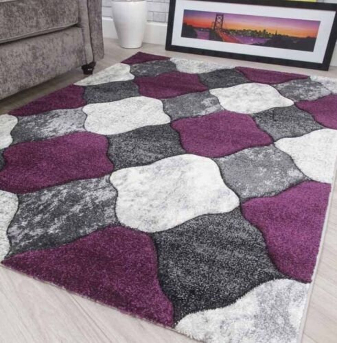 Purple Grey Thick Quality Modern Rugs Runner Small Extra Large High End ...