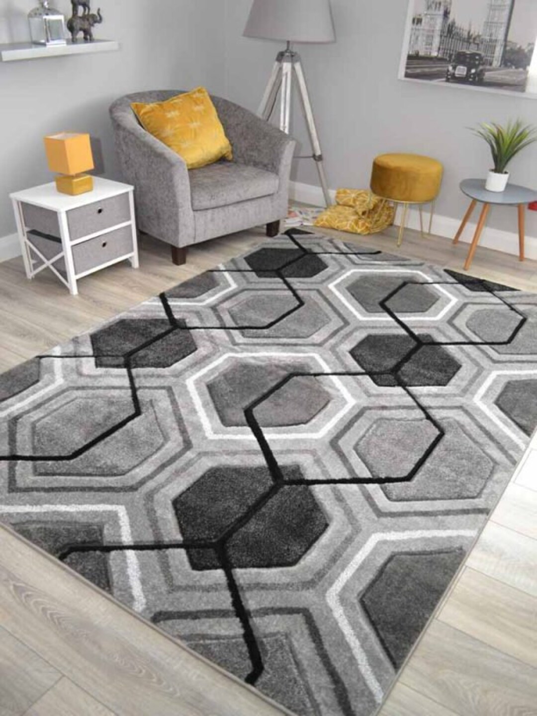 Silver Grey Hexagon Area Rugs Hand Carved High Quality Luxurious Living ...