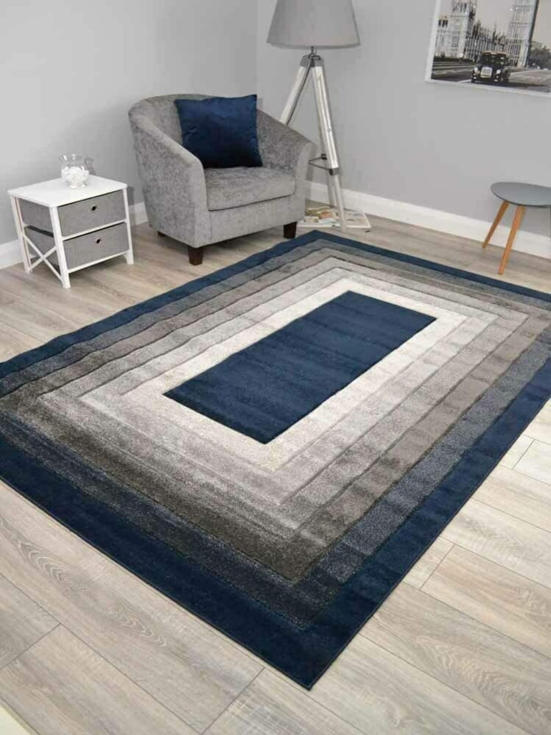 Modern Designer Navy Dark Blue Light Grey Silver Lounge Floor Carpet ...