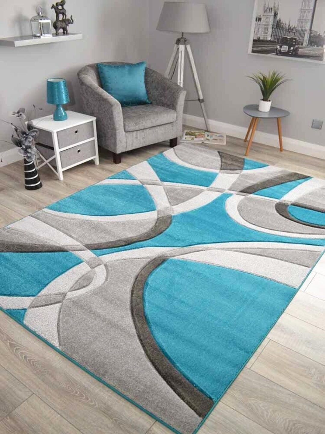 Teal Area Rugs Modern Swirls Silver Grey Cream High Quality Living Room ...
