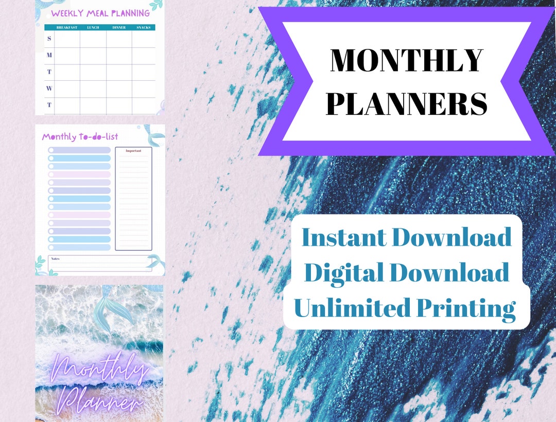 Printable Monthly Planner Bundle, Mermaid Themed, To-do List, Meal Prep ...