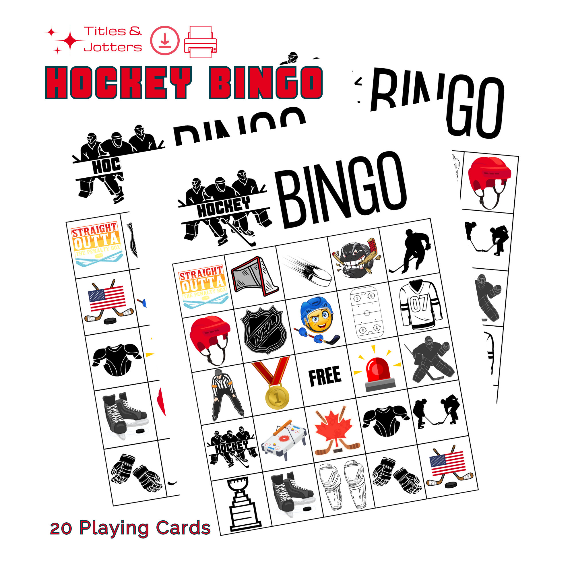 Printable Hockey Bingo, Hockey Bingo for Team Parties, 20 Players ...
