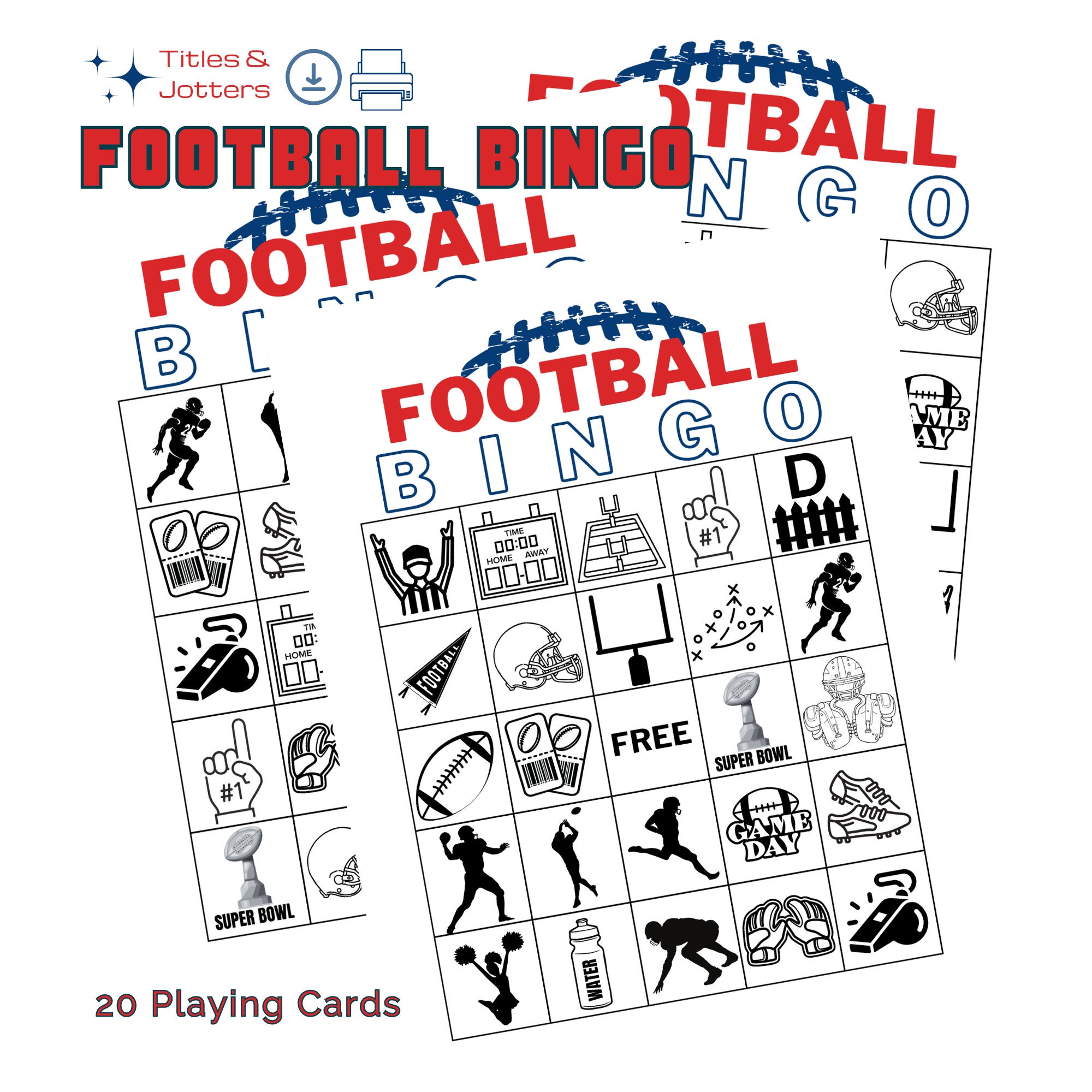 Printable Football Bingo, Printable Party Game, 20 Player Game ...