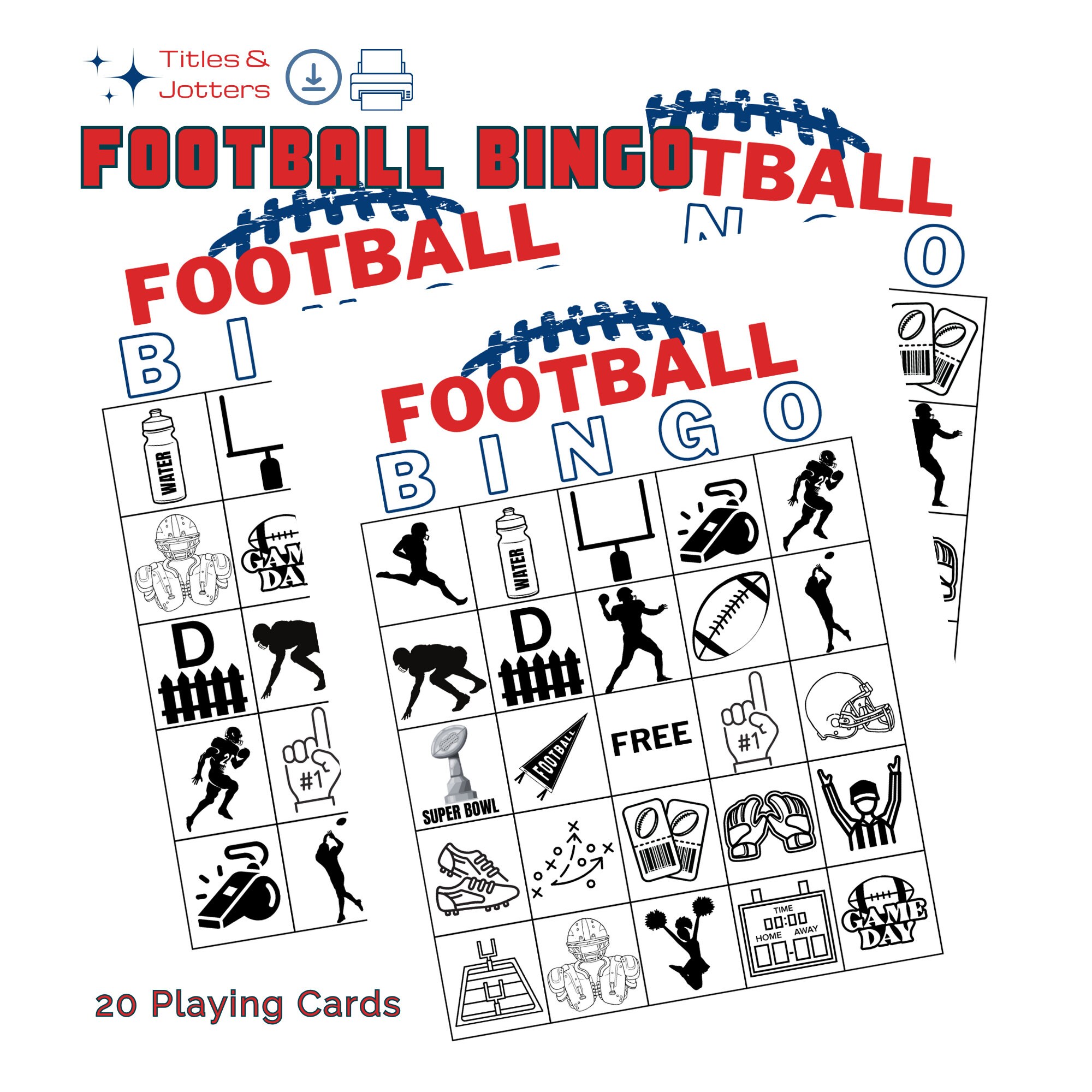Printable Football Bingo, Printable Party Game, 20 Player Game ...